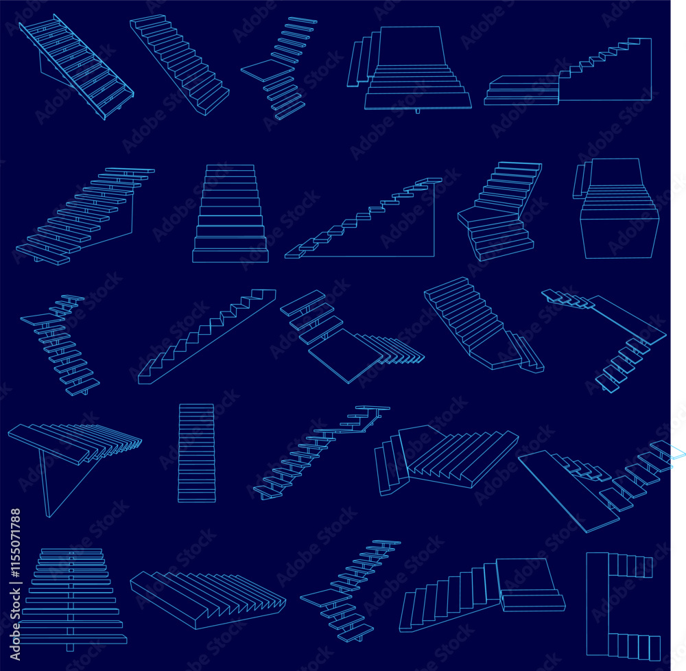 Blue background with many different stair designs. The stair designs ...