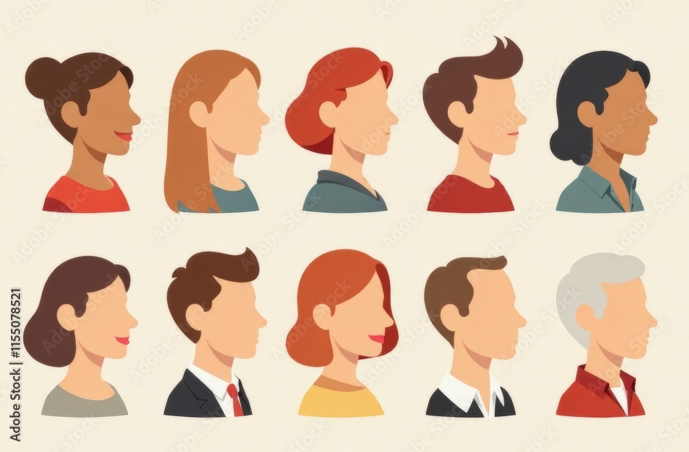 Set of faces in profile: men, women, youth and old people of different ...