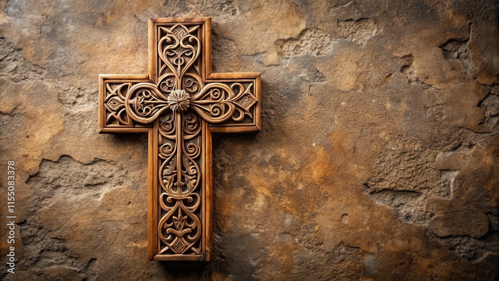 Ornate wooden cross with intricate carvings and symbolism on a stone ...