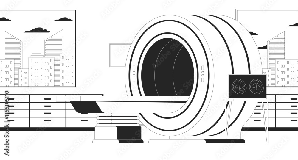 MRI scanner room empty black and white line illustration. Medical ...