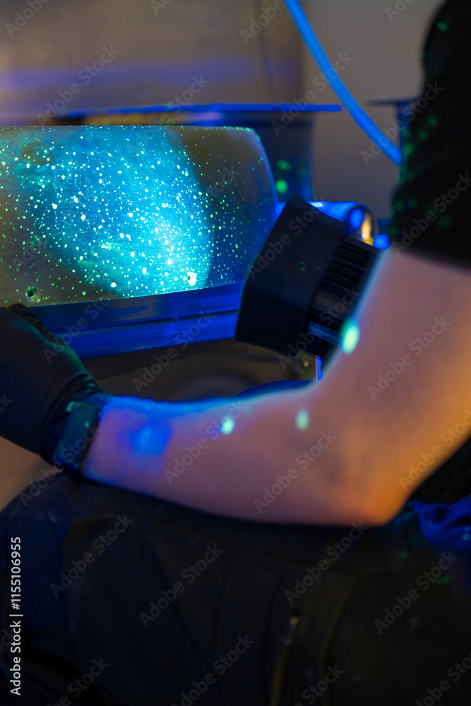 Foto de Stock Industrial FPI testing showing fluorescent indications ...