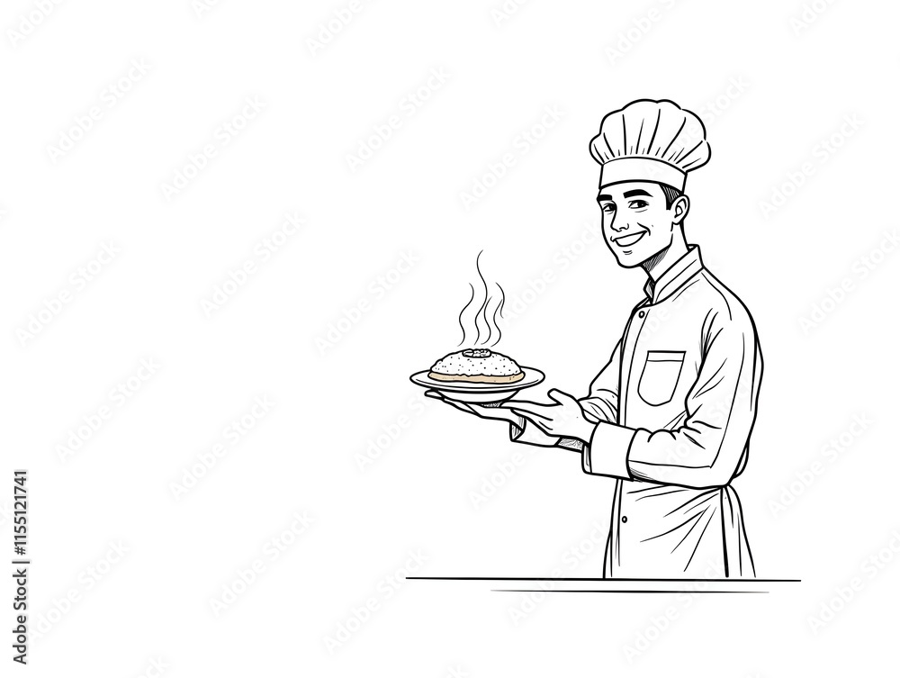 Single continuous line drawing of young friendly man chef in uniform ...