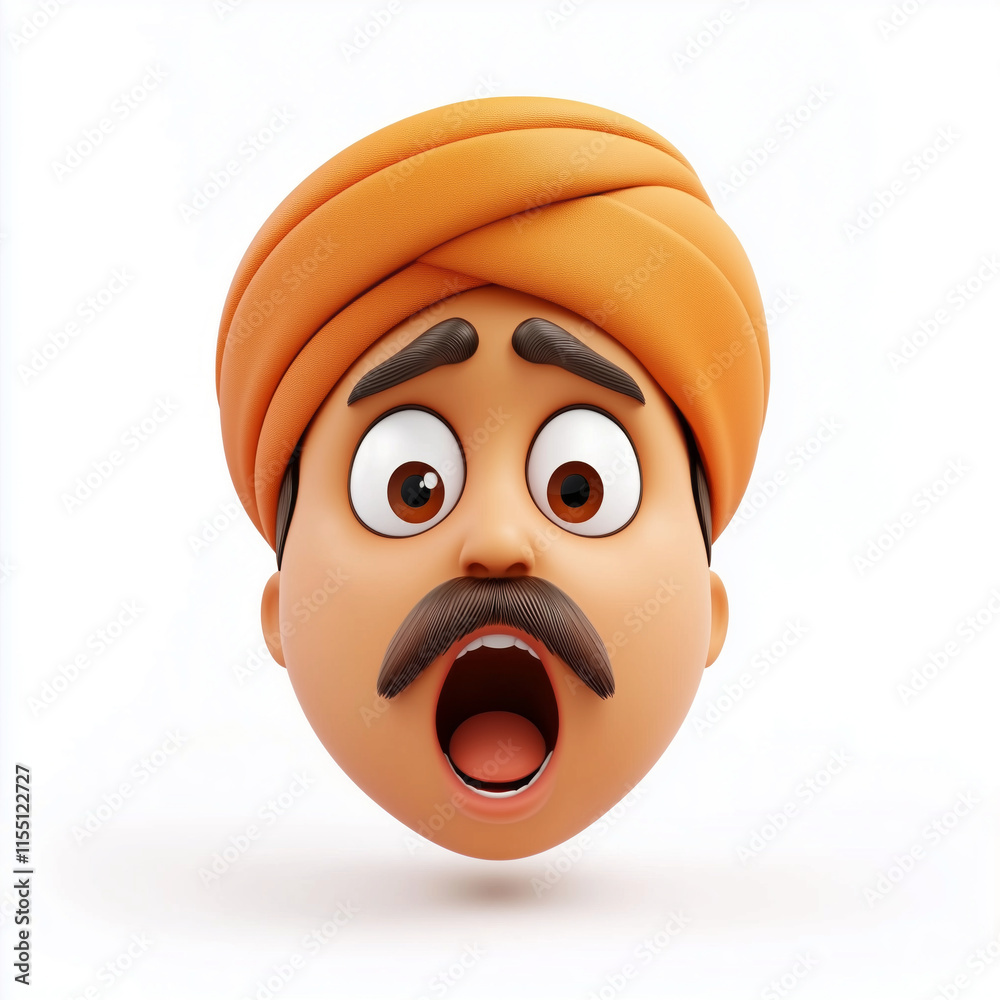 Shocked 3D Punjabi man face emoji, turban on, raised eyebrows, and open ...