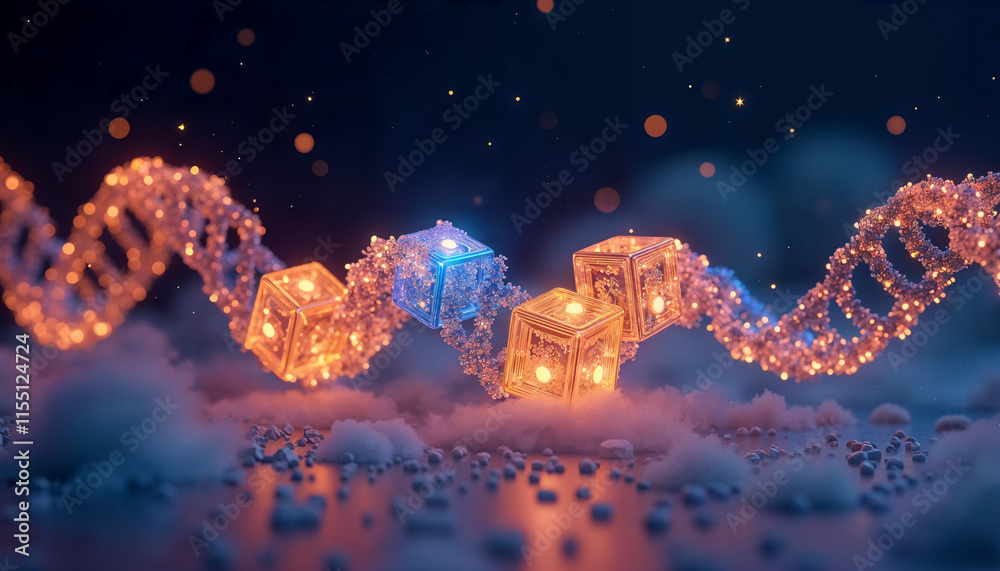 Abstract representation of blockchain technology with a chain of glowing blocks floating in ...