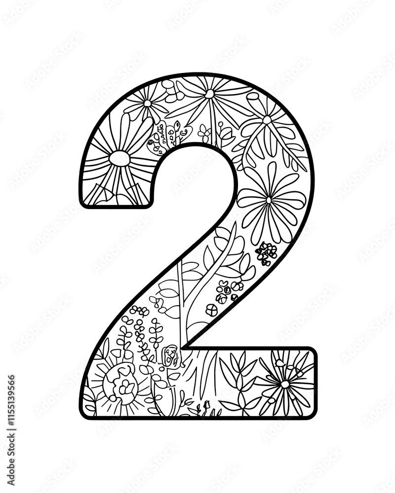 Kids coloring page with number 2 black and white outline, print ready ...