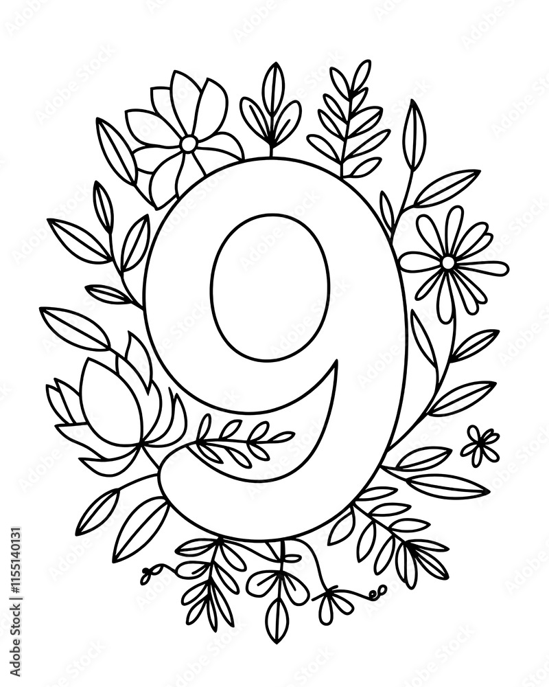 Kids coloring page with number 9 black and white outline, print ready ...