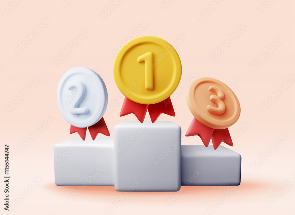 3d medals on podium isolated. Render gold, silver, bronze champion ...