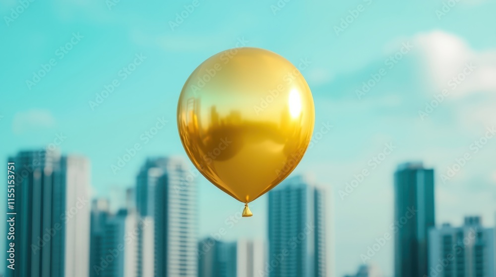 A deflated golden balloon over skyscrapers symbolizes the bubble burst ...