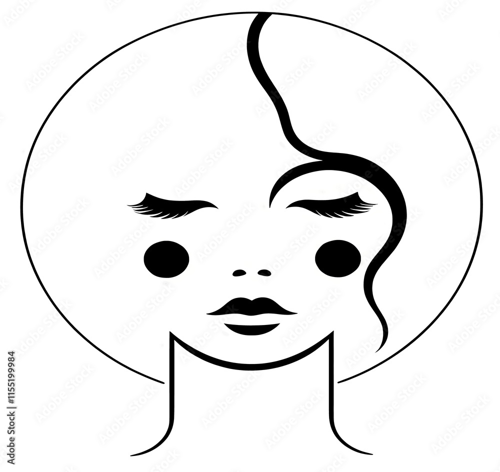 Minimalist face line drawing circular head shape, large almond eyes ...