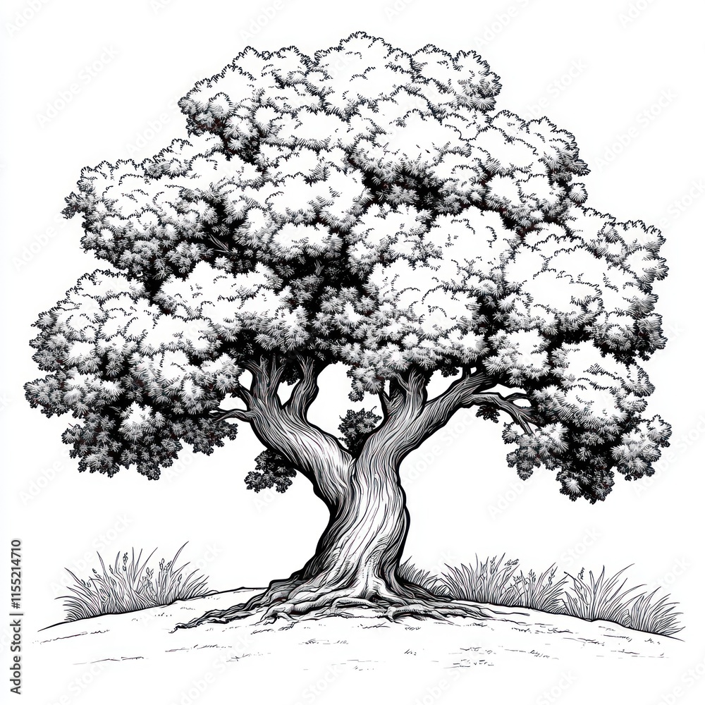 Detailed ink drawing of a large, old tree with a thick trunk and full ...