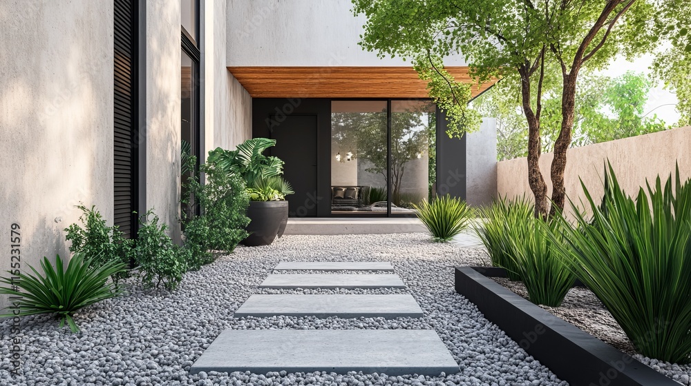 Modern pathway leading to a minimalist home, featuring plant and gravel ...