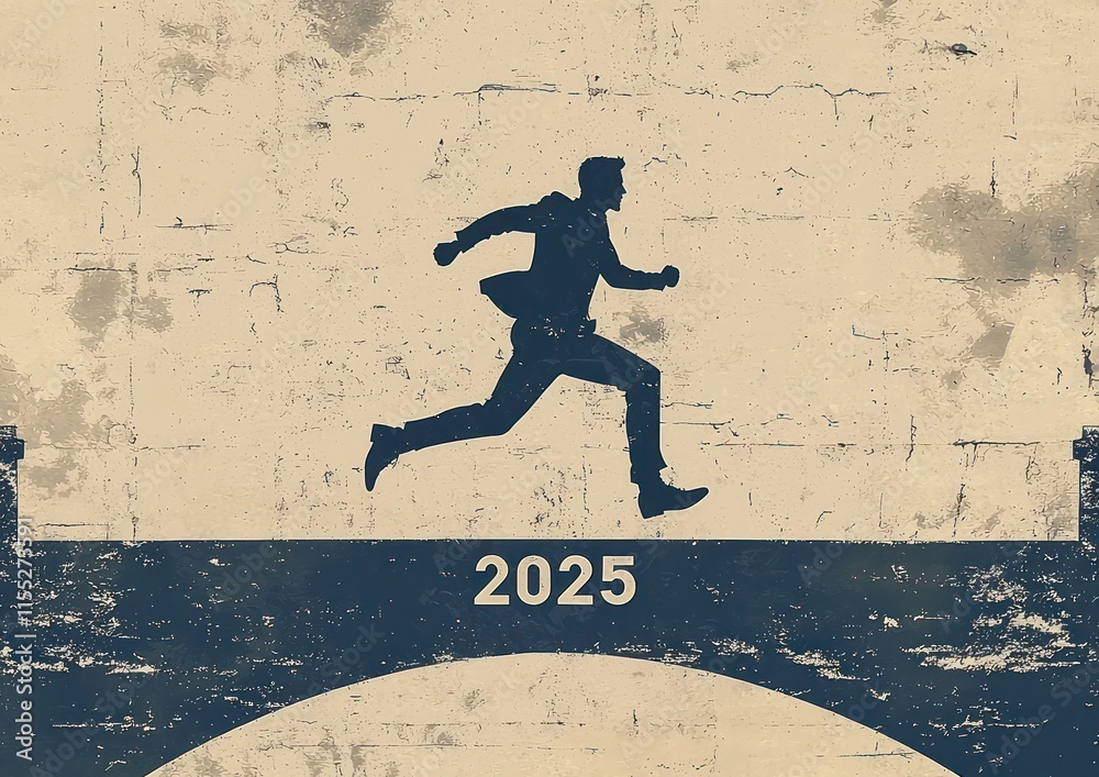 Man jumping over "2025" on a simple background, minimal style, black ...