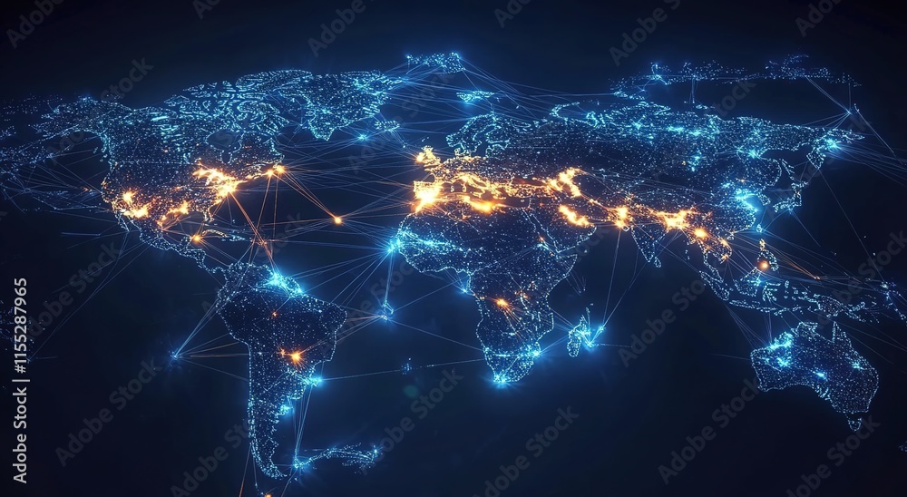 A digital map of the world with glowing connections between cities ...