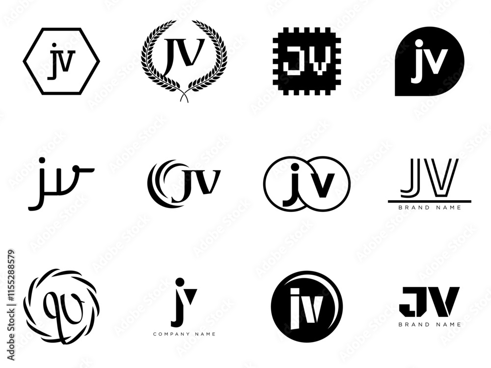 JV logo company template. Letter j and v logotype. Set different ...