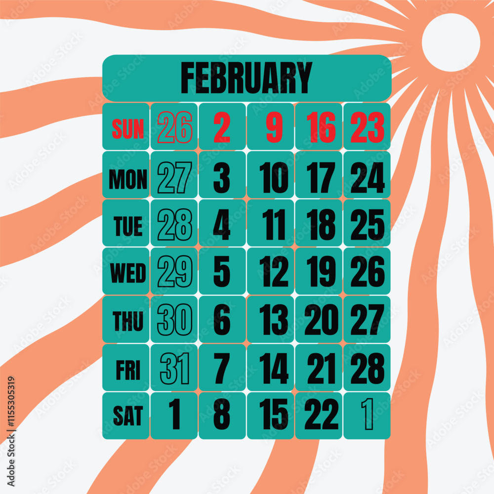 Letter calendar for February 2025. The week begins on Sunday. Time ...