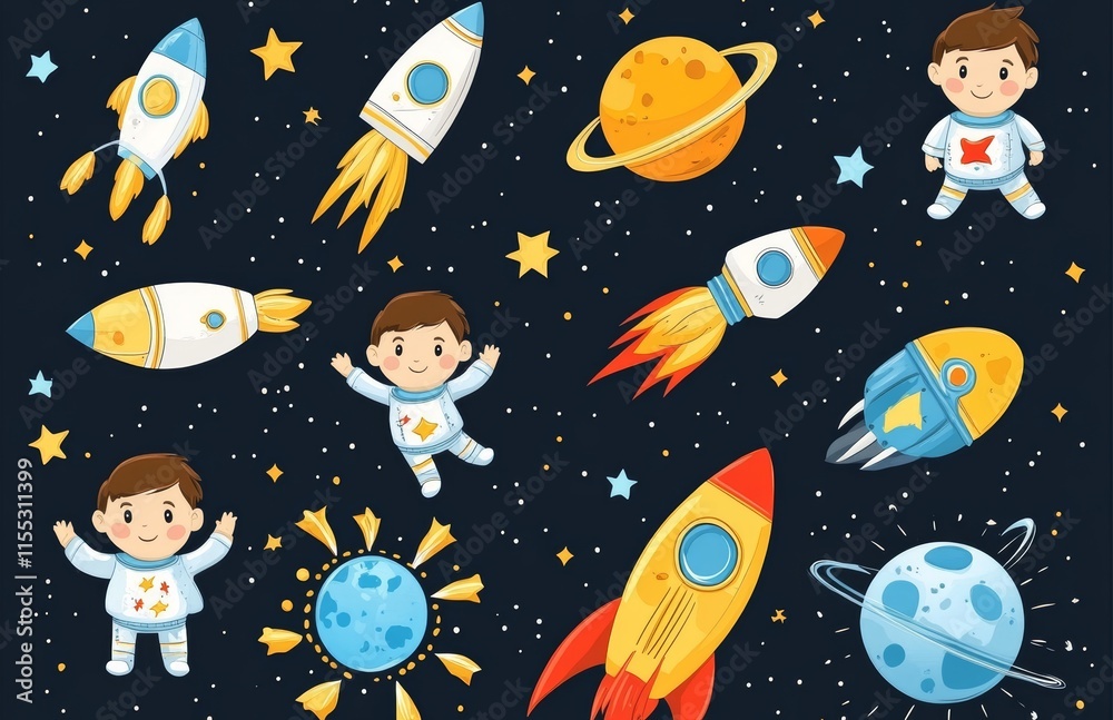An eclectic mix of space-themed illustrations for children, comprising ...