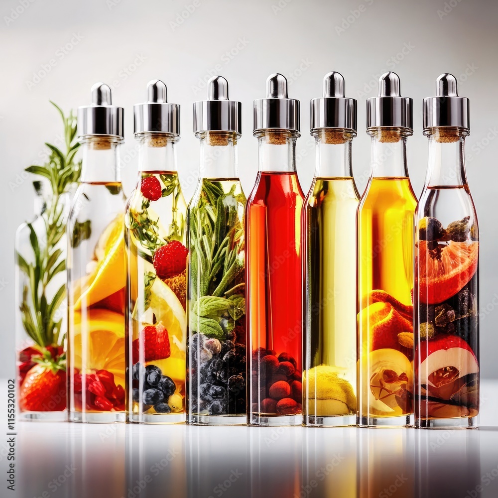 Assorted Bottles of Infused Oils and Vinegars with Colorful Fruits and ...