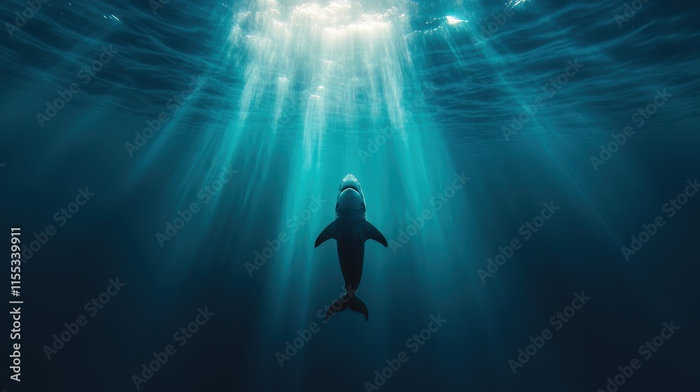 A lone shark gracefully ascends toward the ocean’s surface, embraced by ...