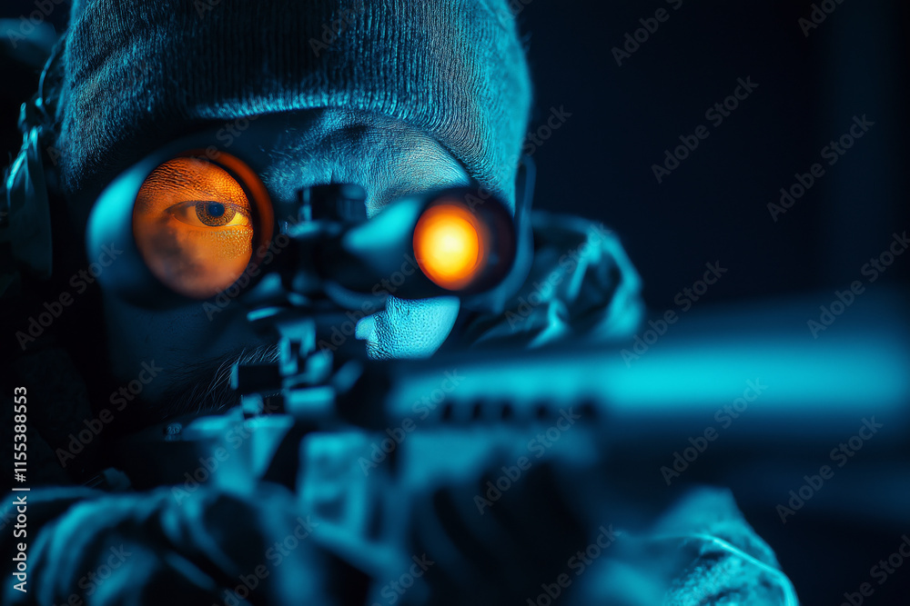 A sniper with a thermal imaging scope, targeting in complete darkness ...