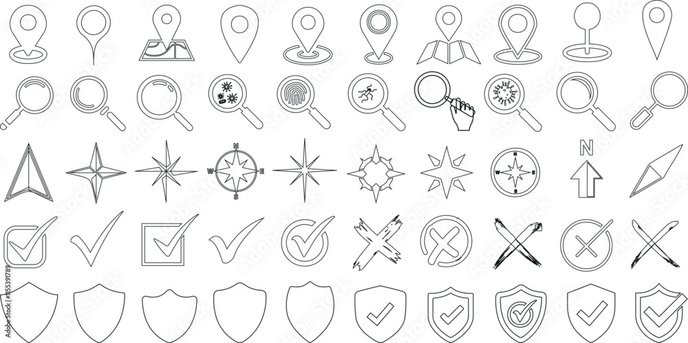 line Icons of map pins, magnifying glasses, navigation stars ...
