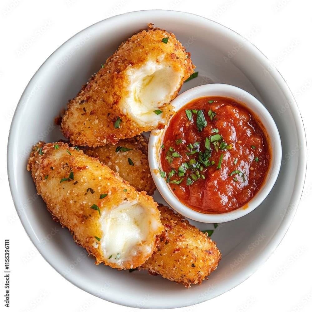 Crispy cheese sticks served with marinara sauce on isolated transparent ...