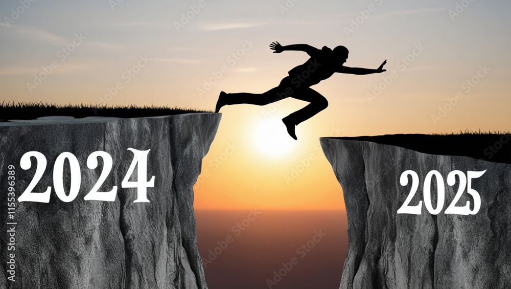 Welcome happy new year in 2025,Silhouette Man jumping from 2024 cliff ...