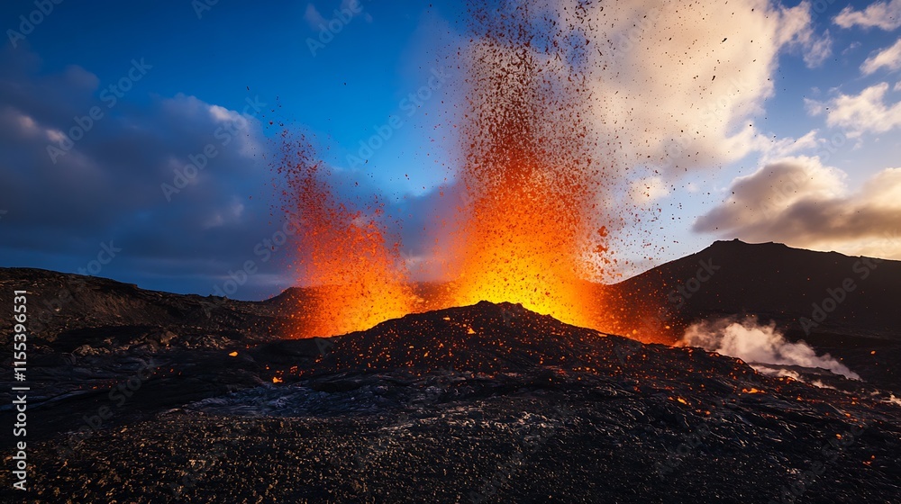 Dramatic Eruption of Lava from Active Volcano Underneath Vibrant Sky at ...