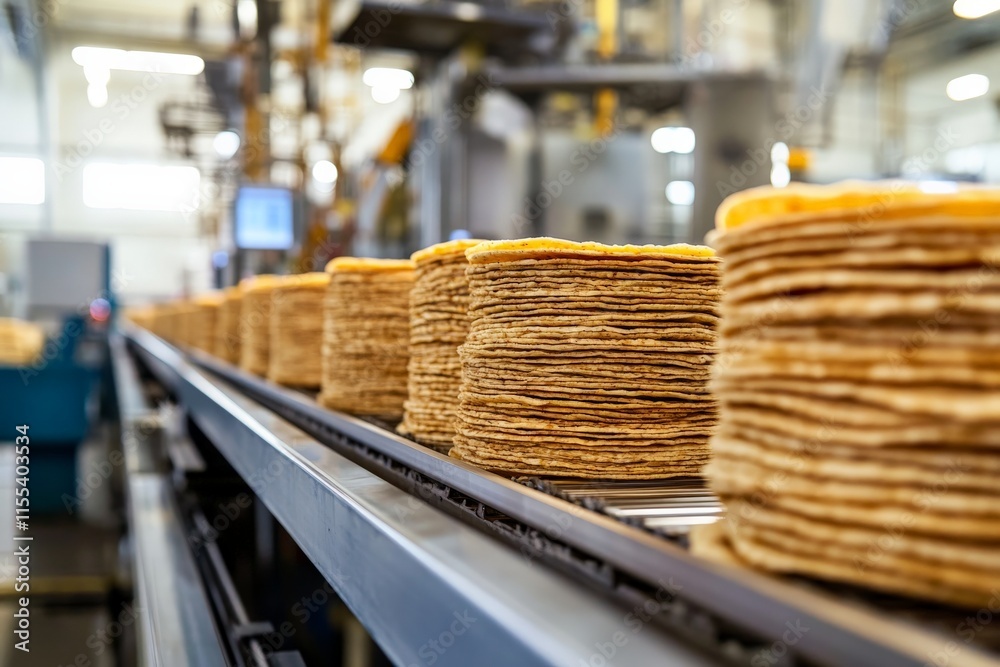 Industrial setup producing stacks of flatbreads moving along an ...