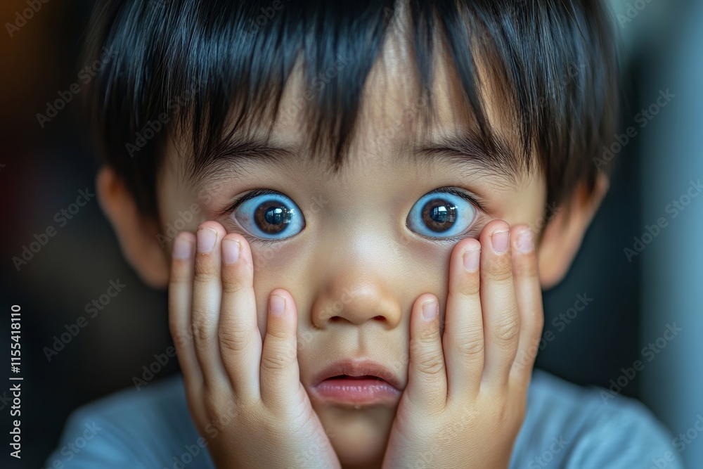 domestic violence. Stressed Asian kid covering his face after mom and ...