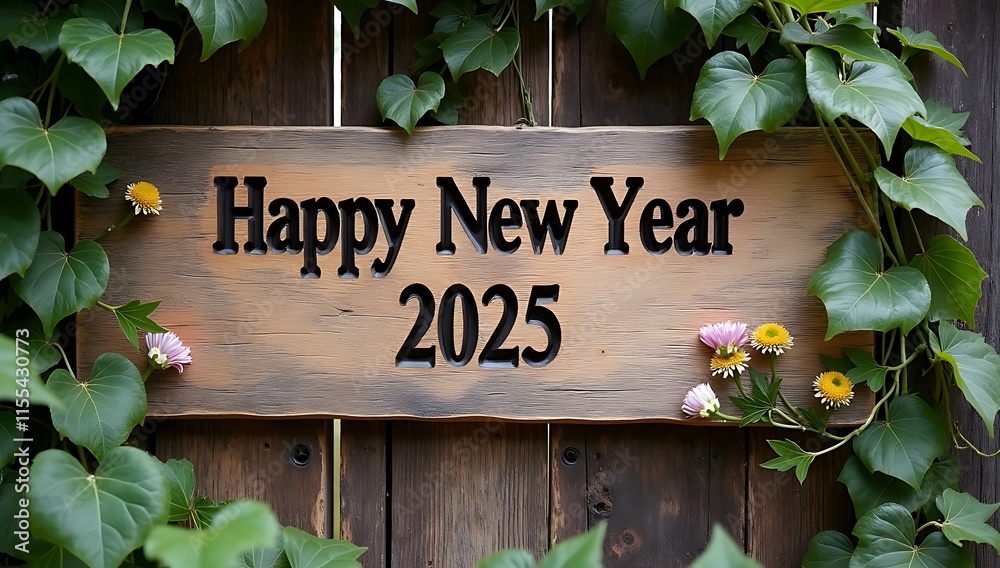 Happy New Year 2025 Wooden Sign with Flowers Stock Photo | Adobe Stock