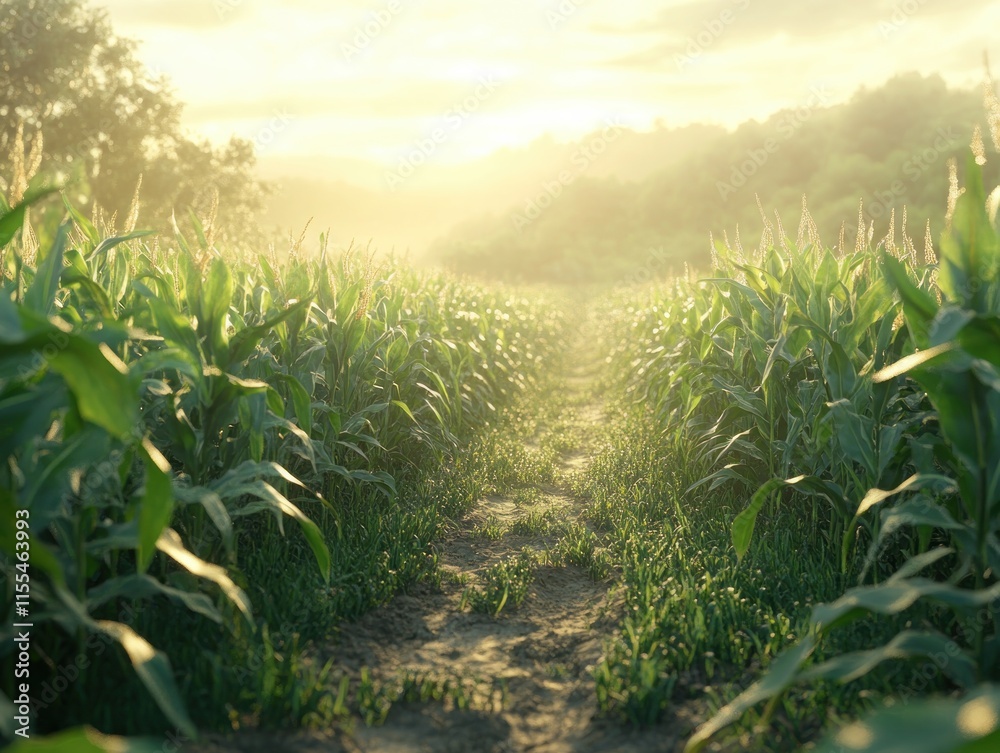Golden light bathes a field of healthy corn as farmers inspect their ...