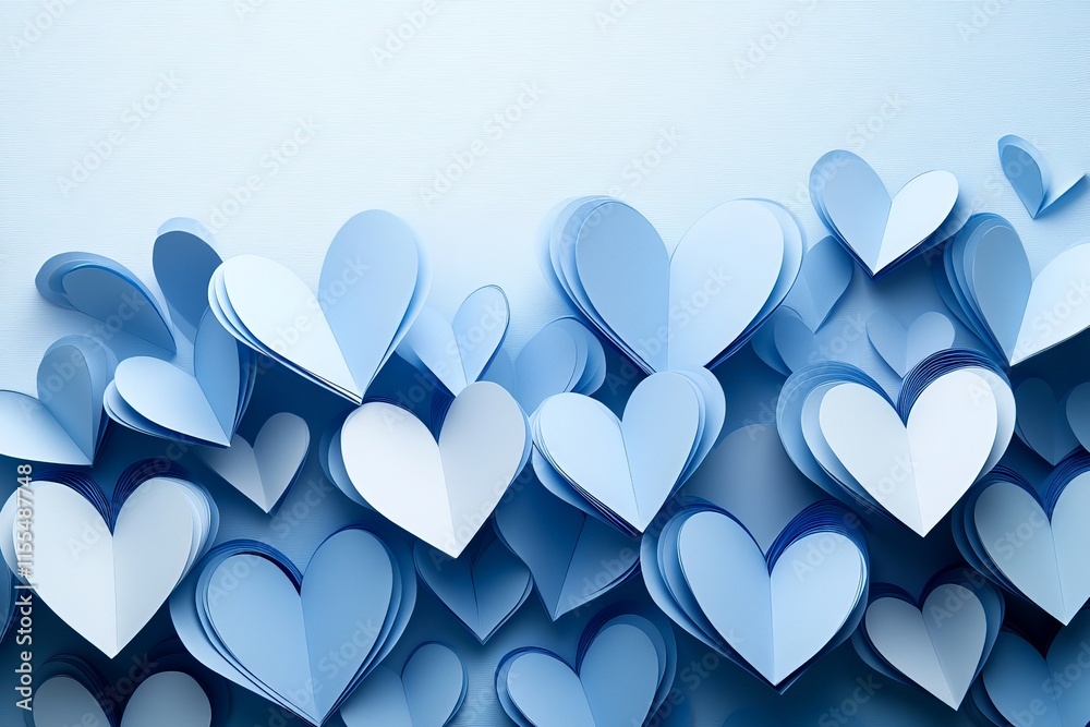 Decorative blue paper hearts arranged on a light blue background create ...