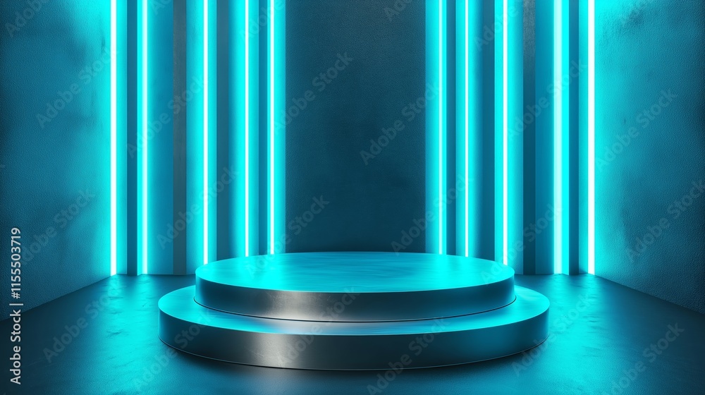 A blue neon lighted stage with a silver pedestal in the center ...