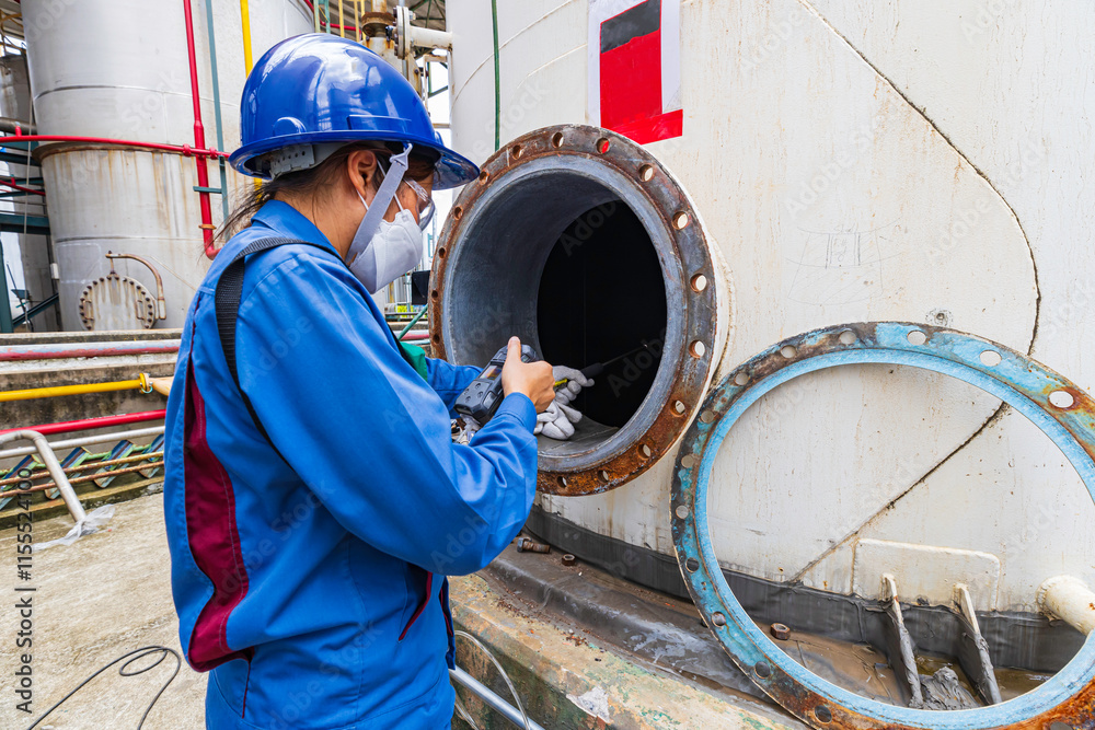 Worker female hand holding gas detector inspection safety gas testing ...