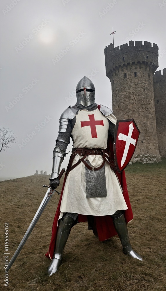 Old medieval Knights Templar warrior standing in a heroic pose. He is ...