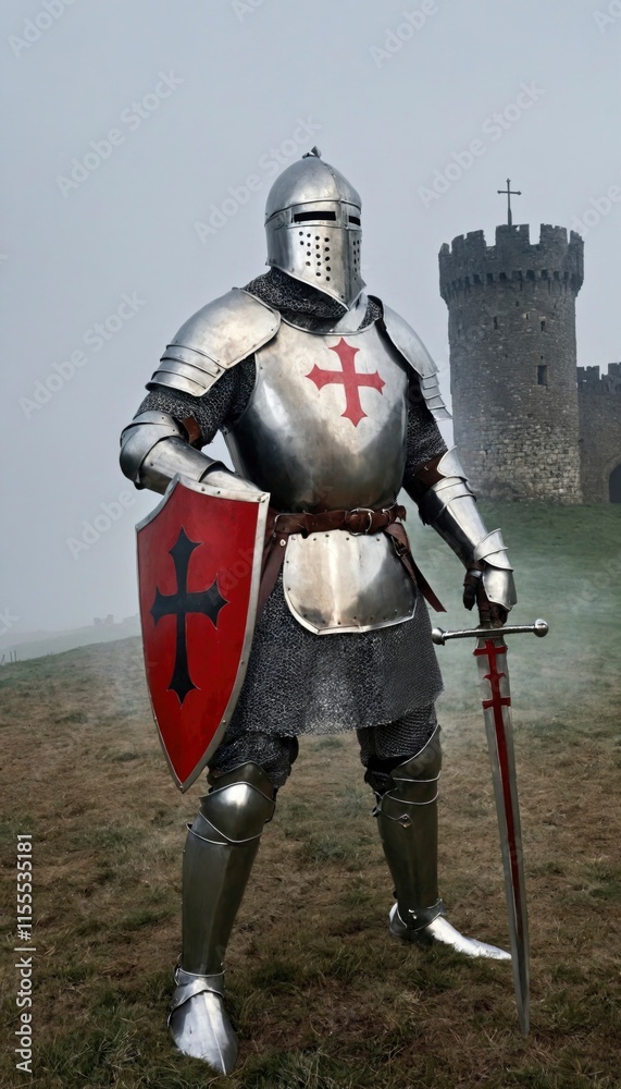 Old medieval Knights Templar warrior standing in a heroic pose. He is ...