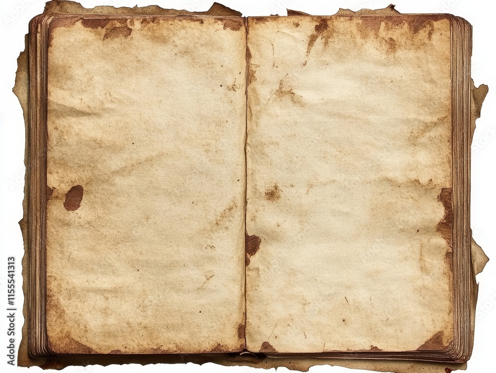 Foto de Stock Open antique book with aged, stained, and burnt edges ...