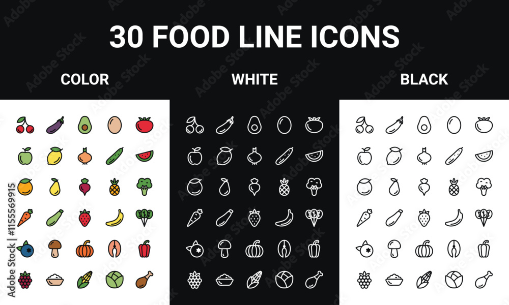 30 Healthy food line icons colored, with white and black outline. Set ...