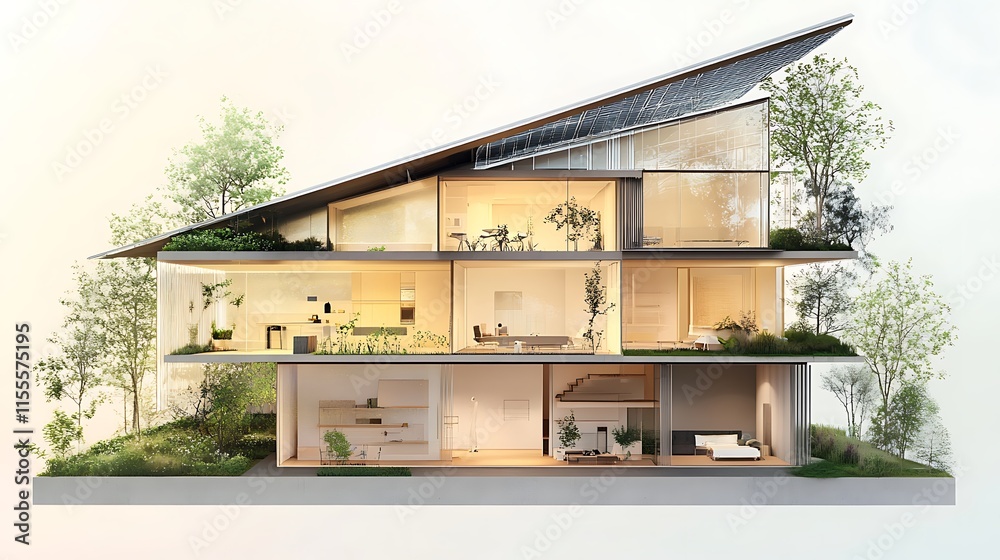 Modern house cross-section with solar roof and interior plants. Stock ...