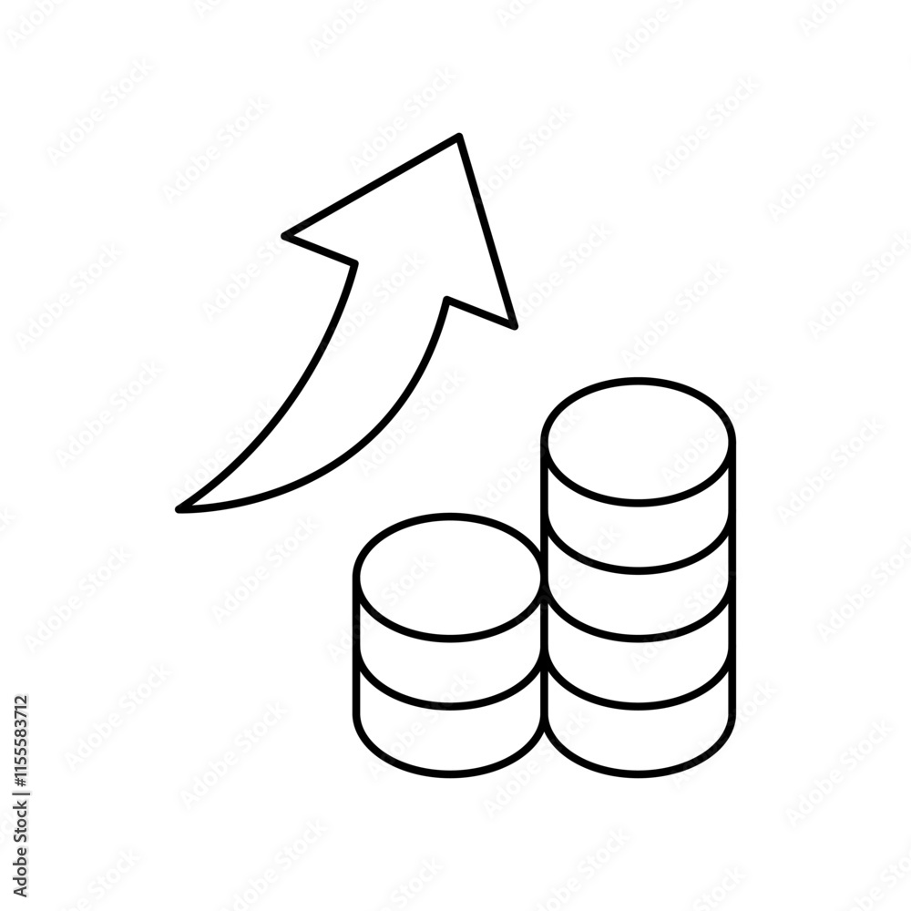 Coins and up arrow. Symbol sign used for: mobile, app, design, web, dev ...