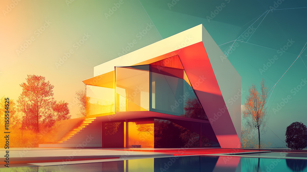 Hologram house. A house made of polygons, triangles of dots and lines ...