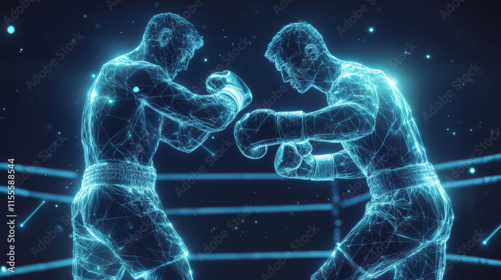 Hologram boxers. Boxing of polygons, triangles of points and lines ...