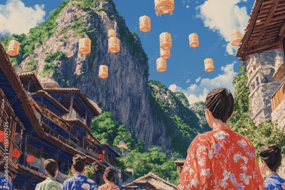 A dynamic 3D illustration of a Hmong festival with people dancing ...