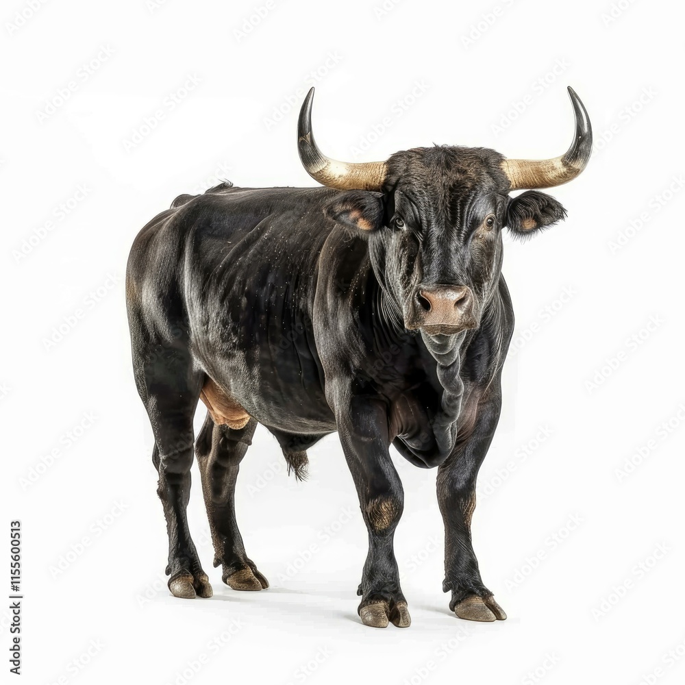 Powerful black bull standing against a white background, showcasing its ...