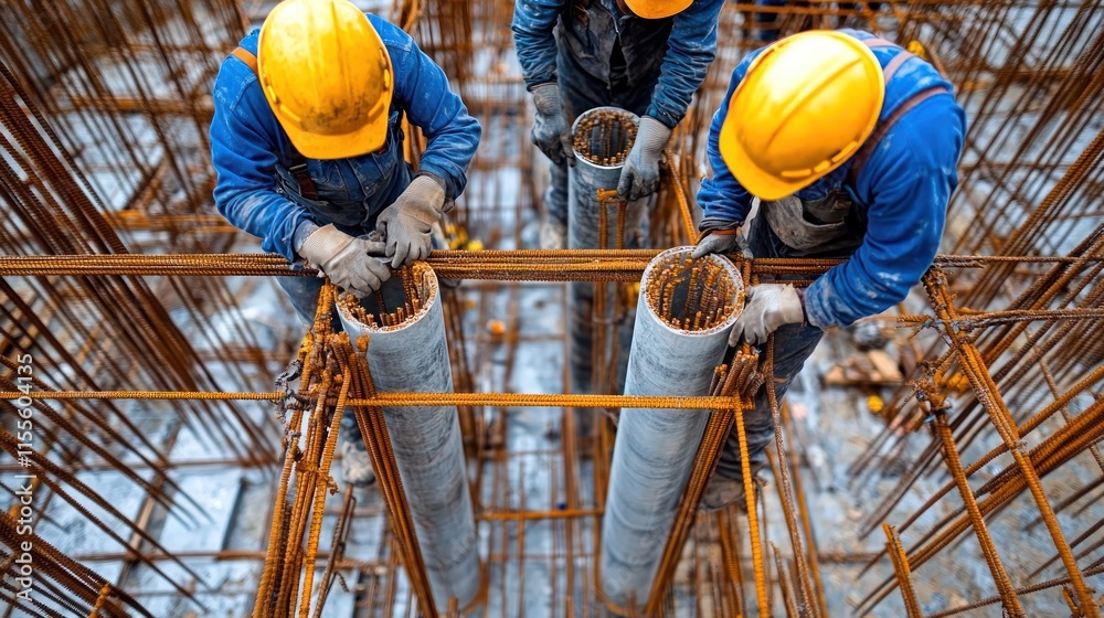 Construction workers installing concrete formwork in a building's ...