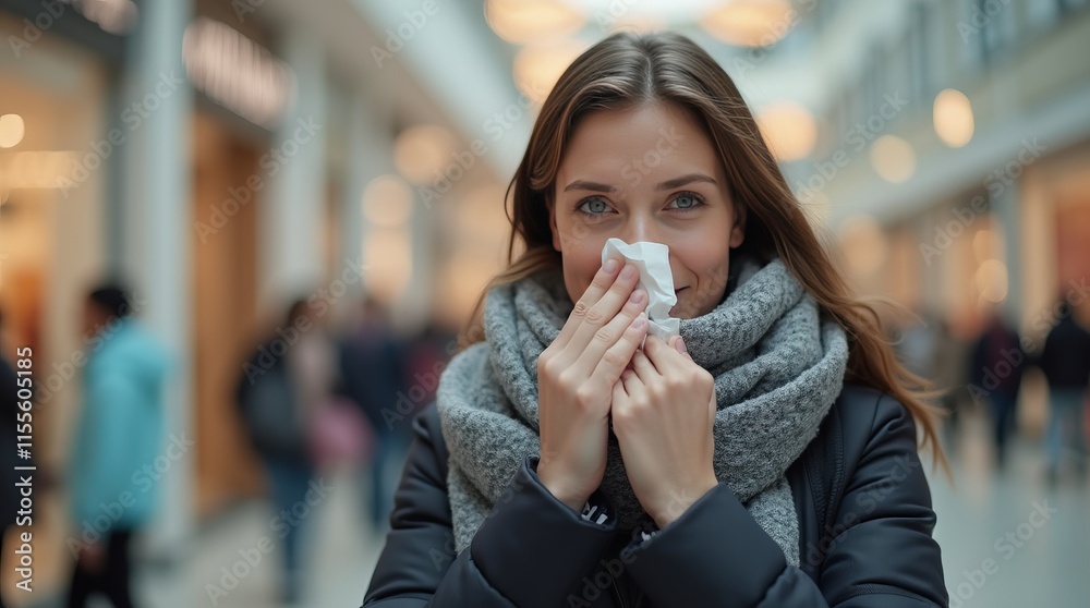 Woman wearing a scarf and coat, using a tissue to blow her nose in a ...