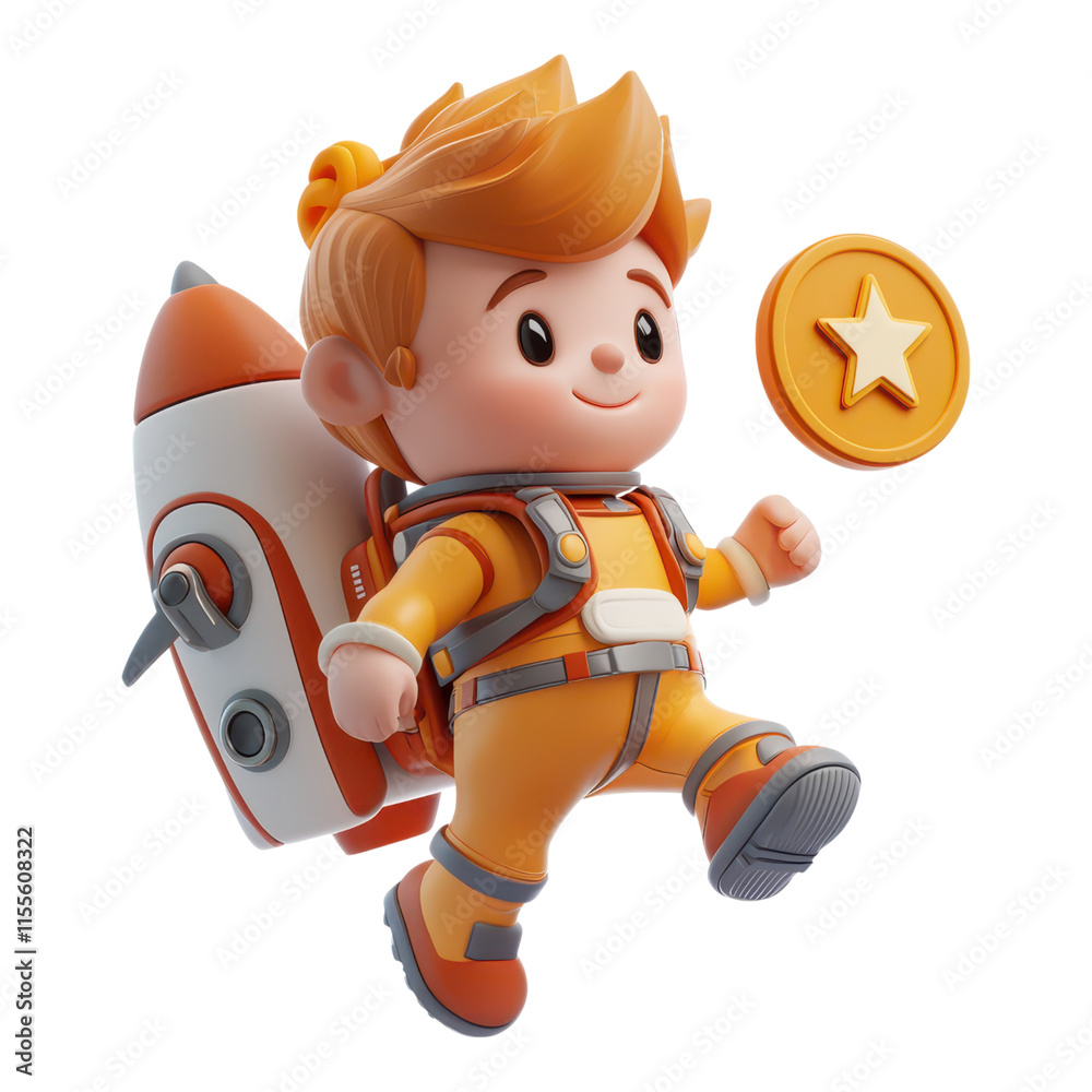Flying adventure animated character with jetpack and coin in playful ...