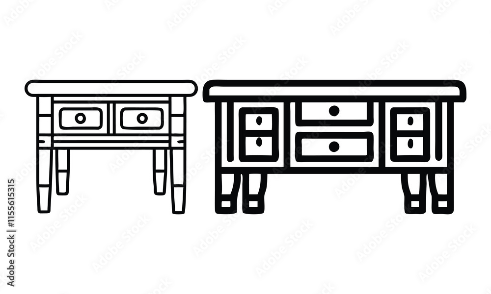 Outline Icons of Wooden Tables with Drawers, Pair of wooden table ...