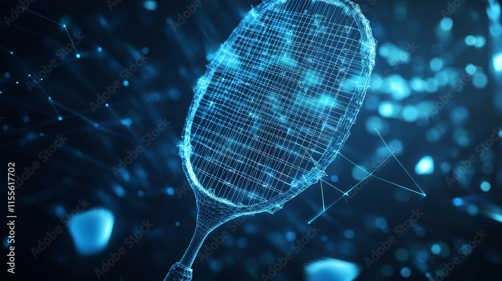 Hologram of badminton. Racket and shuttlecock made of polygons ...