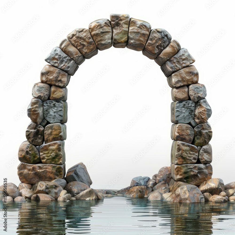 Perfect half circle stone arch emerging from the water surface creating ...